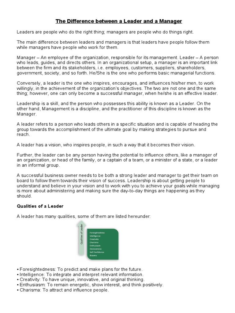 The Difference Between A Leader and A Manager | PDF | Leadership | Goal