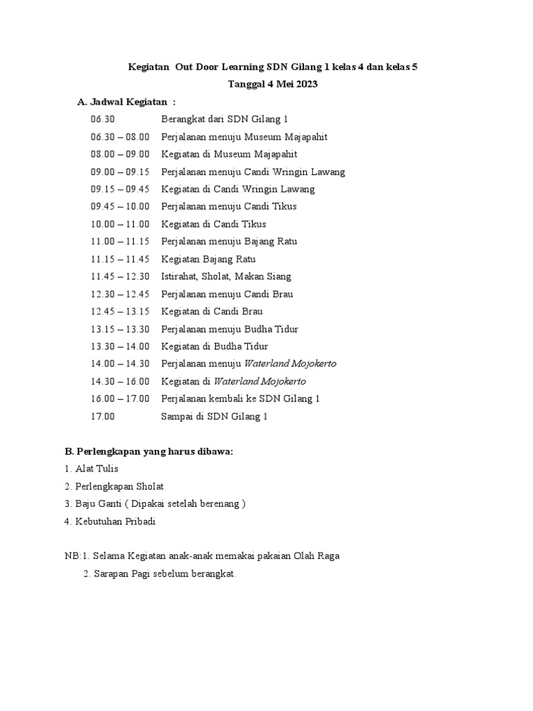 Kegiatan Out Door Learning SDN Gilang 1 Kelas 4 Dan Kelas 5 | PDF
