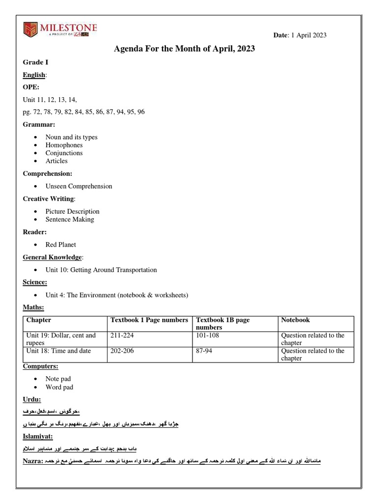 Agenda For The Month of April G1-1 | PDF