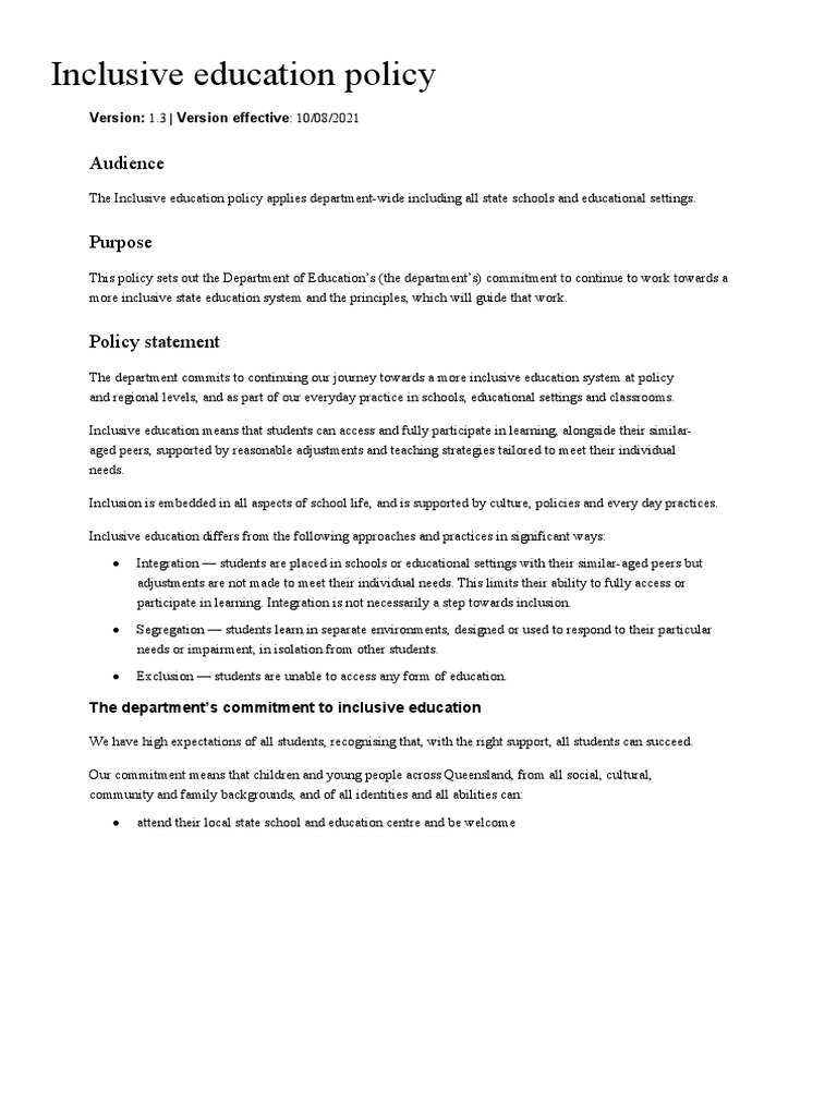 Inclusive Education Policy | PDF | Inclusion (Education) | Special ...