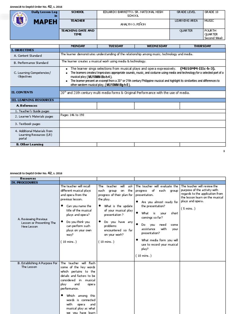 DLL - Grade 10 Music 4th Quater Second Week by Eynah | PDF | Teachers ...