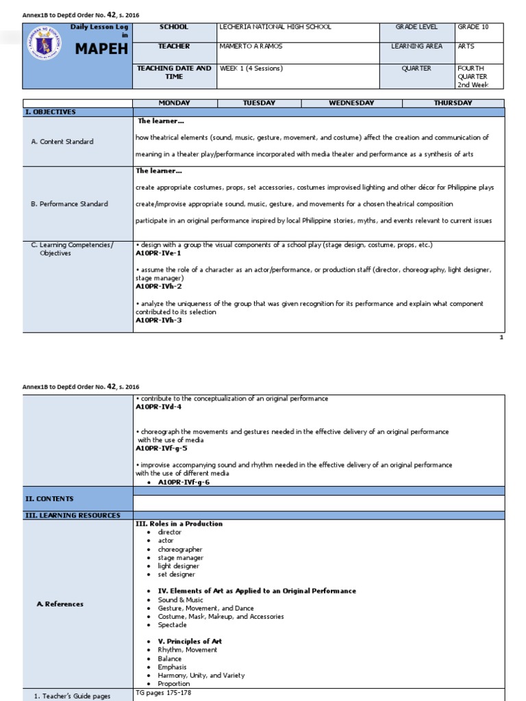 DLL - Grade 10 Arts 4th Quater 2nd Week | PDF
