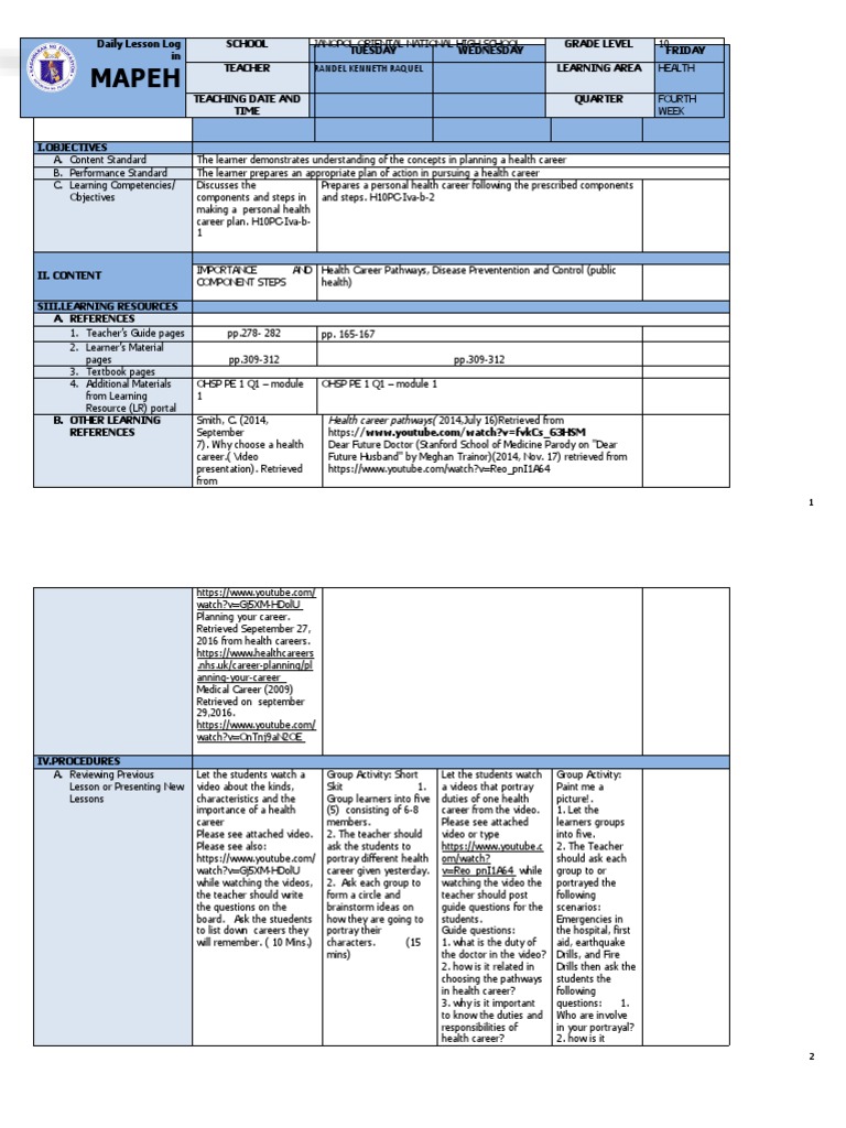 DLL - Health 10 - Week 1 - 2 | PDF | Teachers | Learning