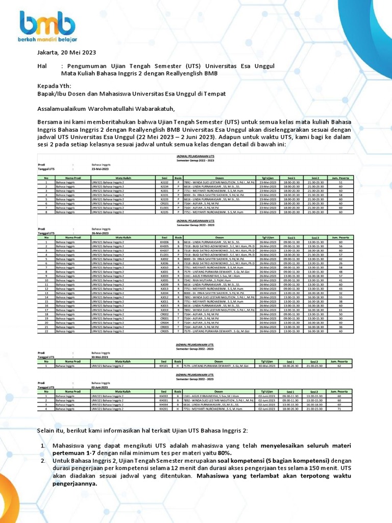 BING2 - Surat Pemberitahuan UTS UEU - May23 | PDF