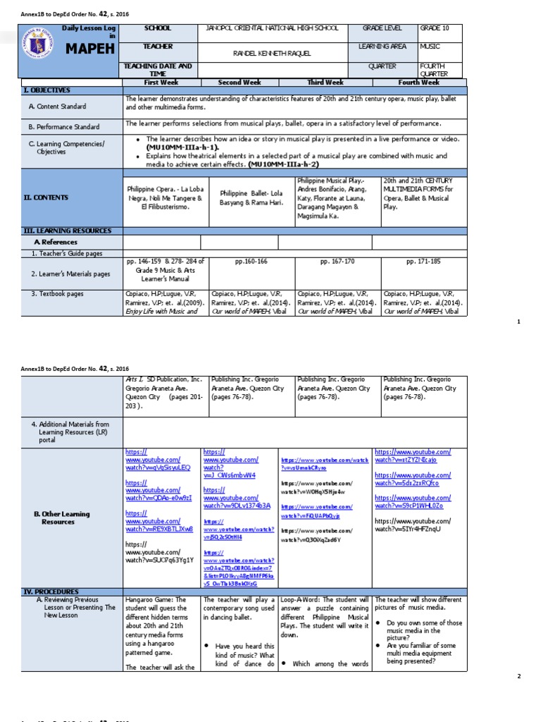 Grade 10 MAPEH Music 4th Quarter Plan | PDF | Multimedia