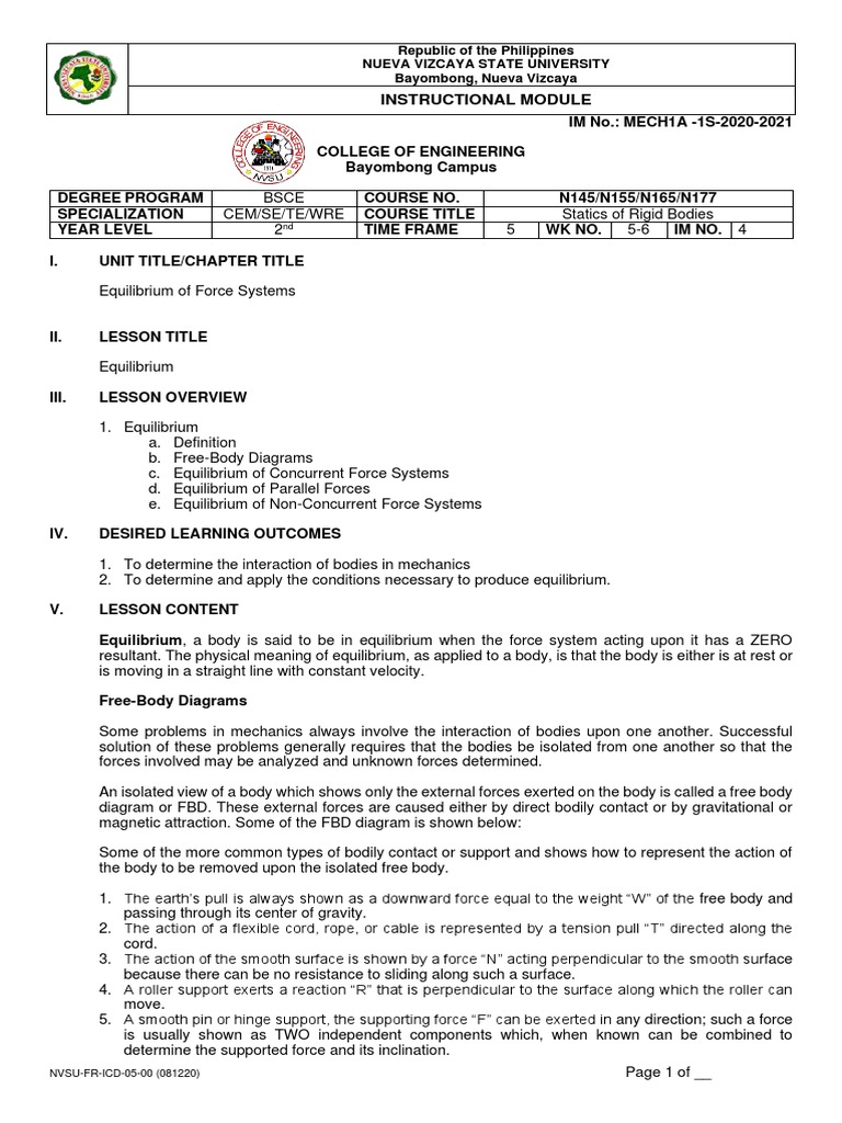 MECH 1A Module 4 - Equilibrium | PDF | Force | Weight