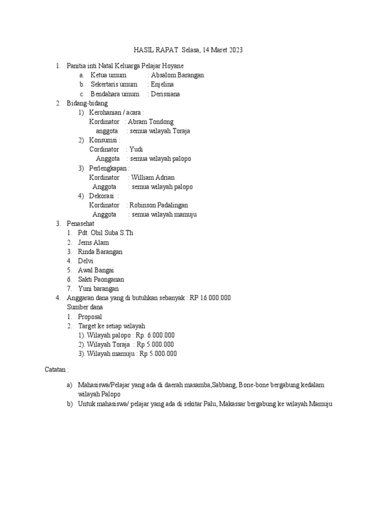 Hasil Rapat 1 Panitia Natal | PDF