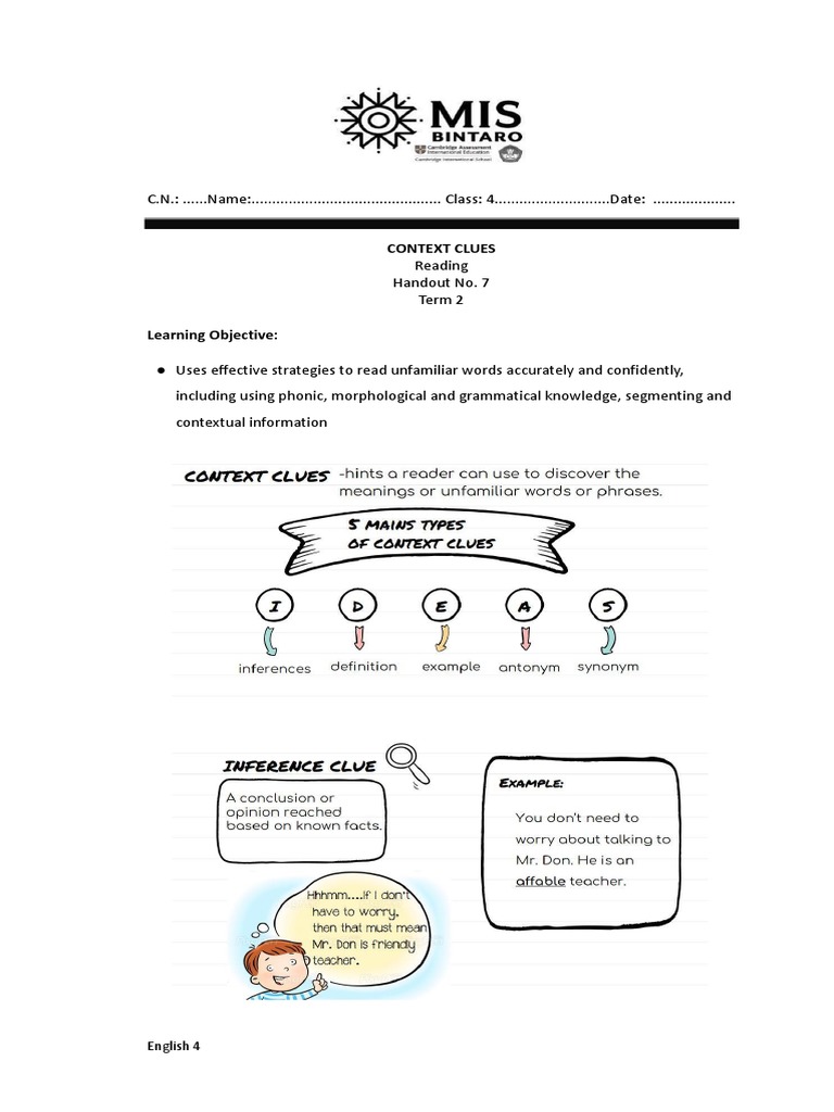 Eng 4 Term 2 - Context Clue - Handout 7 | PDF