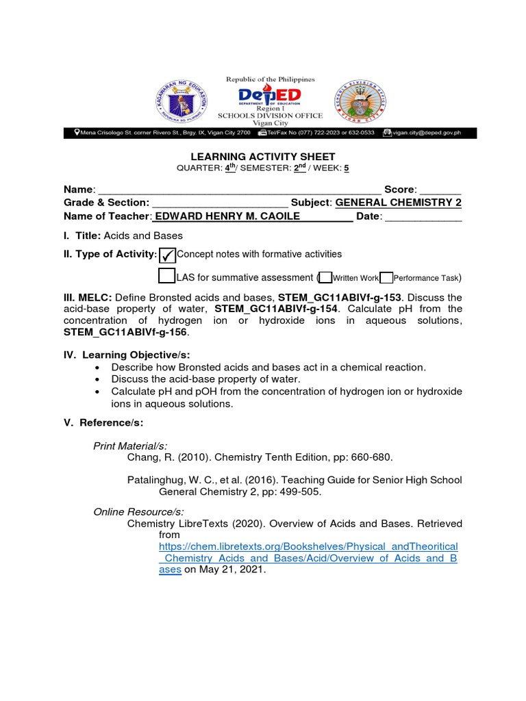 GenChem2 Q4 MELC 7-9 Week-5 | PDF | Ph | Acid