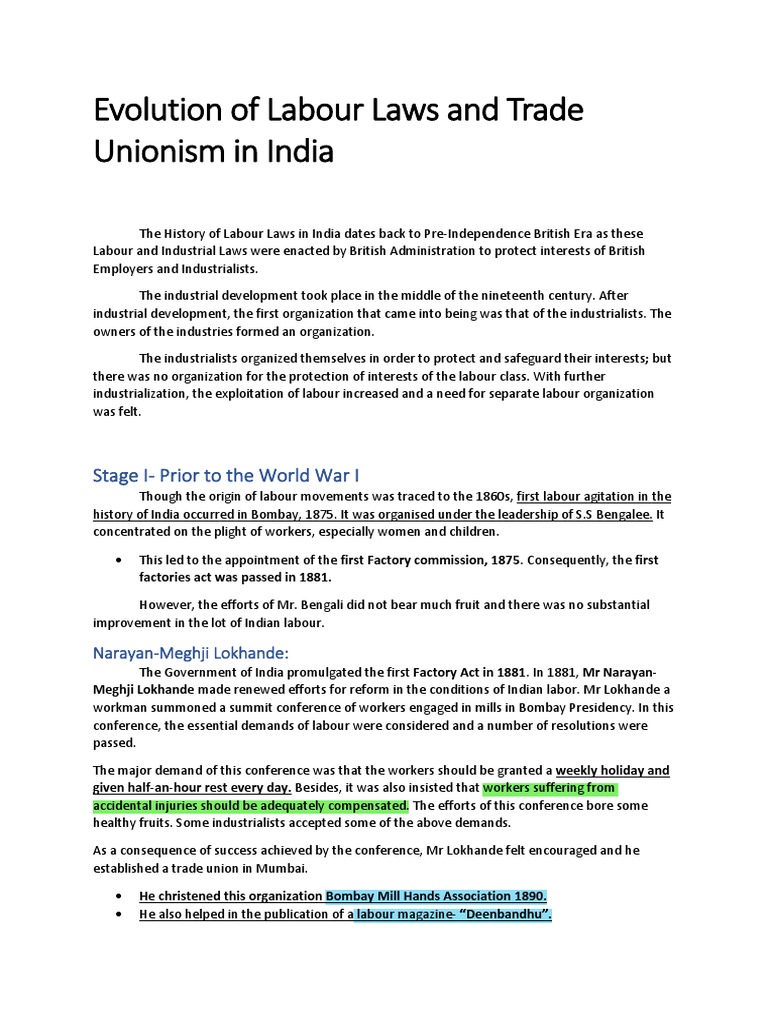 Evolution of Labour Laws and Trade Unionism in India: Stage I-Prior To ...