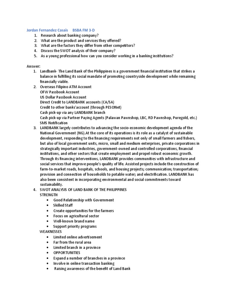 Jordan Fernandez Casais BSBA FM 3-D | PDF | Banks | Swot Analysis