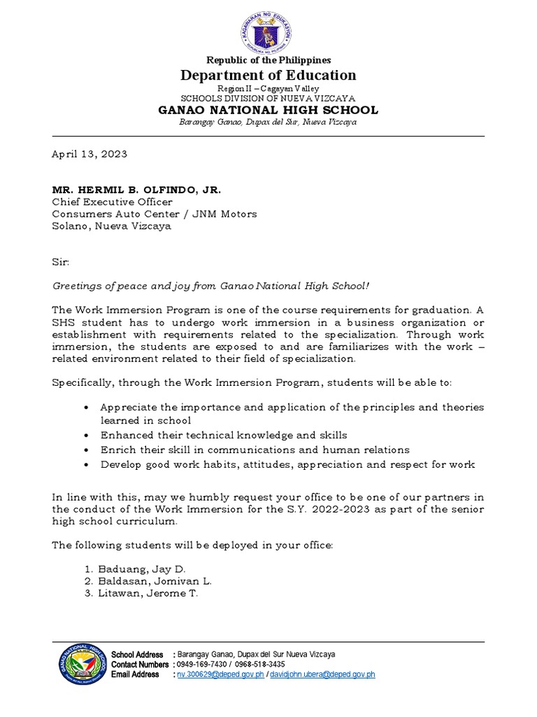 Work Immersion - Request Letter | PDF | Cognitive Science | Communication