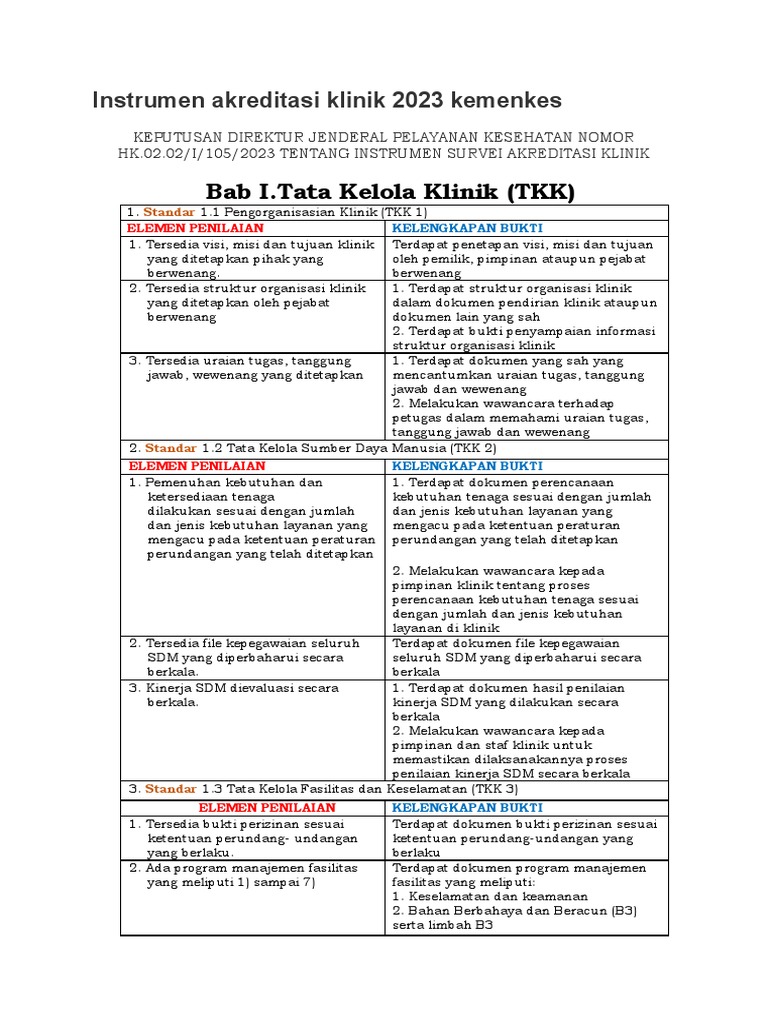 Instrumen Akreditasi Klinik 2023 Kemenkes Pdf