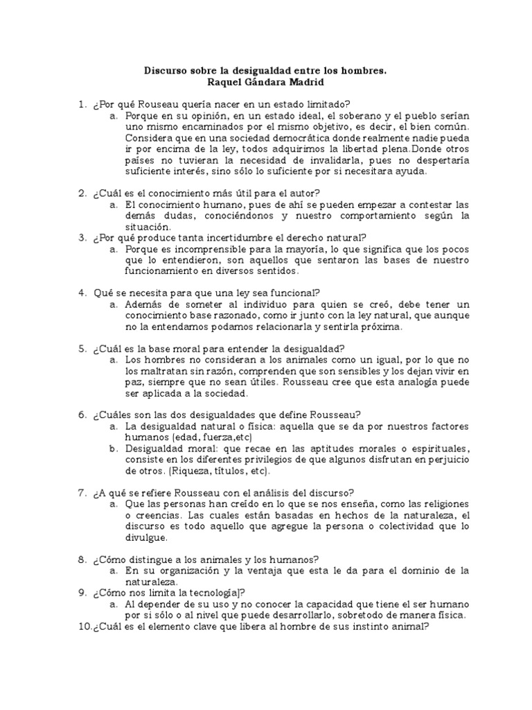 preguntas discurso Russeau | PDF | Desigualdad social | Discriminación ...