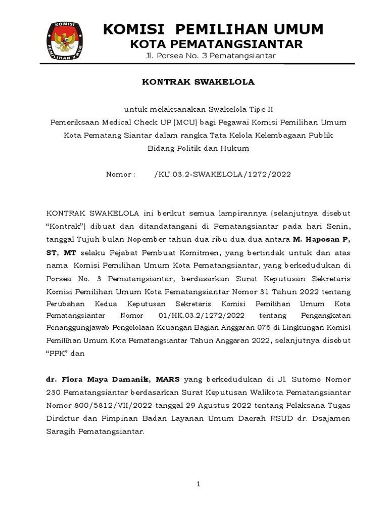 Kontrak Swakelola MCU Dengan RSU Djasamen Nop 2022 | PDF