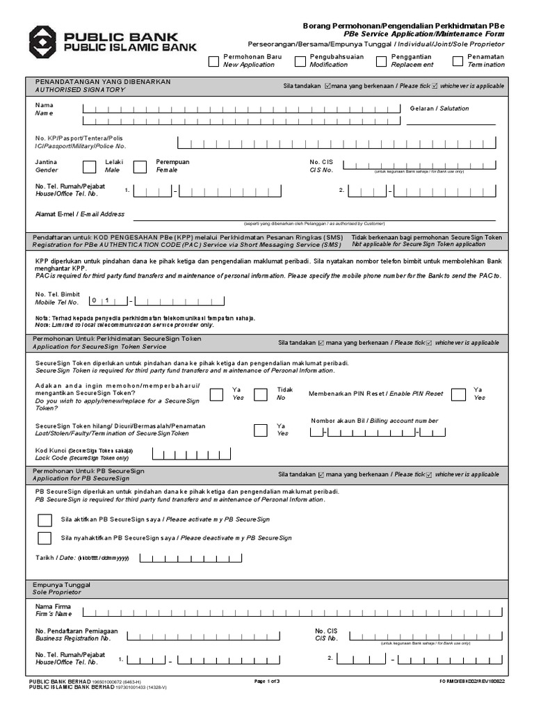 Borang Permohonan/Pengendalian Perkhidmatan Public Bank | PDF