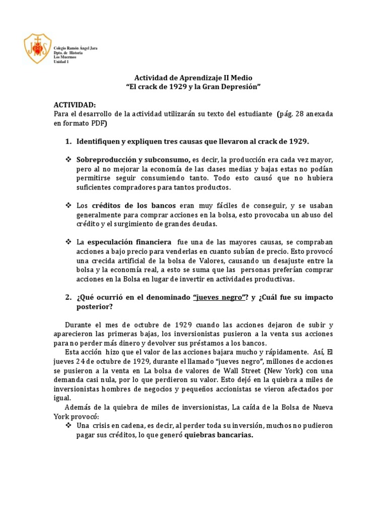 Actividad Sobre El Crack Del 29 | PDF | Gran depresion | Accidente de ...