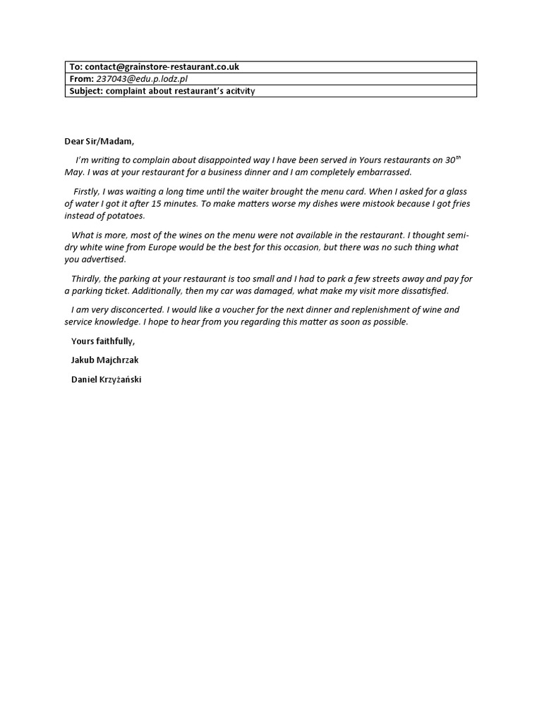 Restaurant Service Complaint Letter | PDF