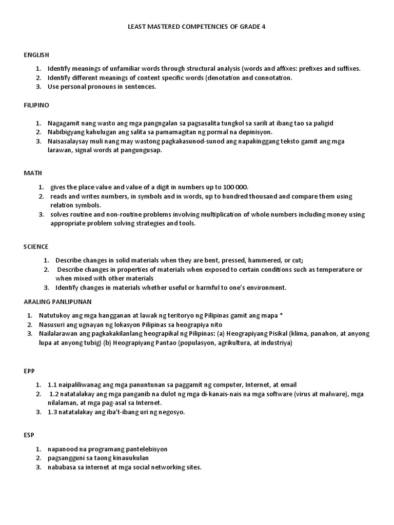 Least Mastered Competencies of Grade 4 | PDF