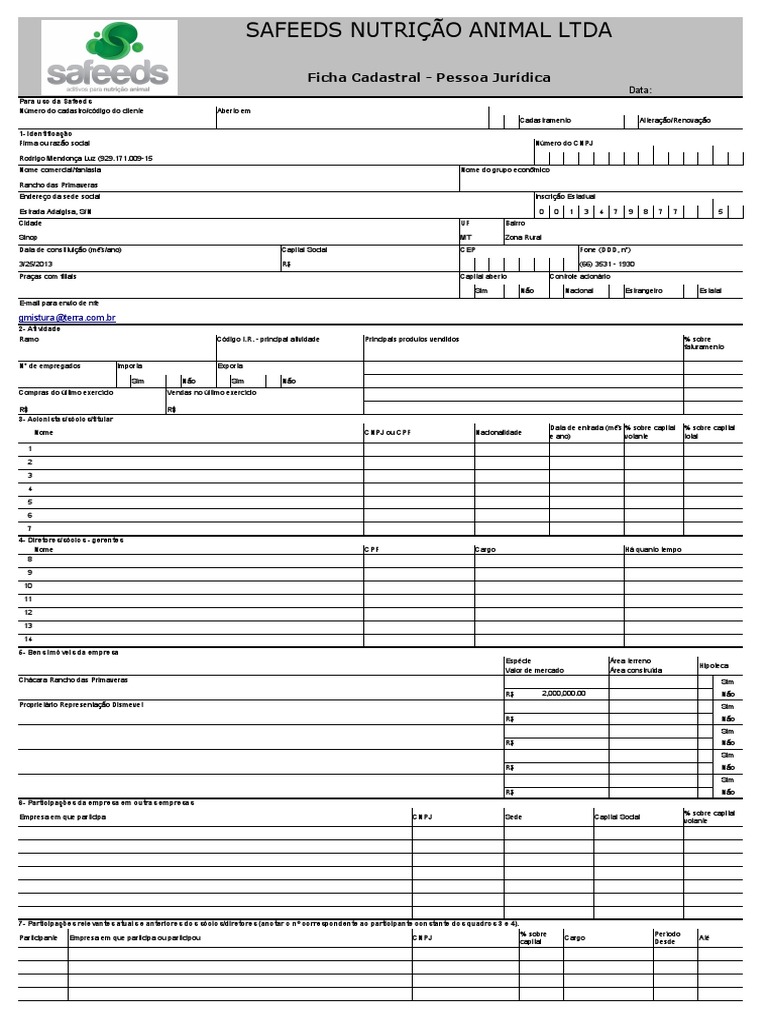 Ficha Cadastral Safeeds PJ | PDF | Economias