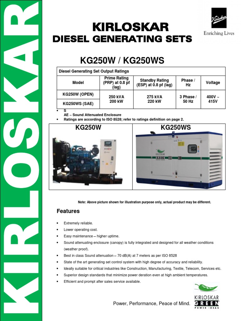 New Specification Sheet - 250kVA Kirloskar Green Generator | PDF | Electric Generator | Diesel ...