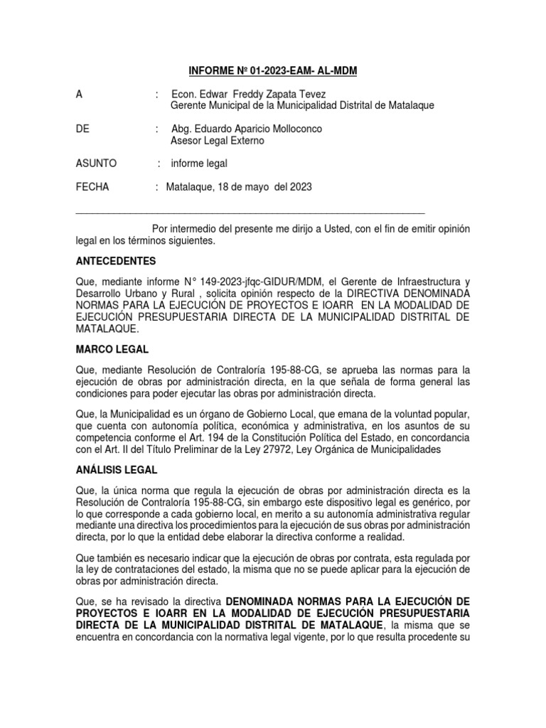Opinion Legal Directiva de Obras Por Adminstracion Directa Matalaque ...