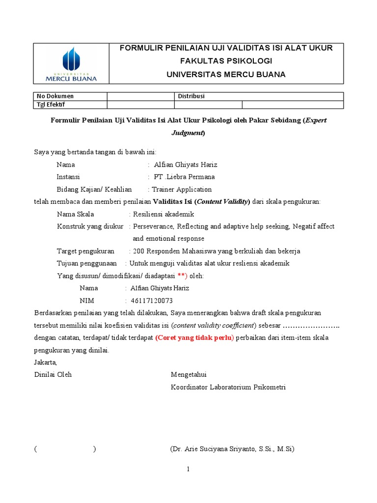 Formulir Penilaian Uji Validitas Isi Alat Ukur Fakultas Psikologi Universitas Mercu Buana | PDF