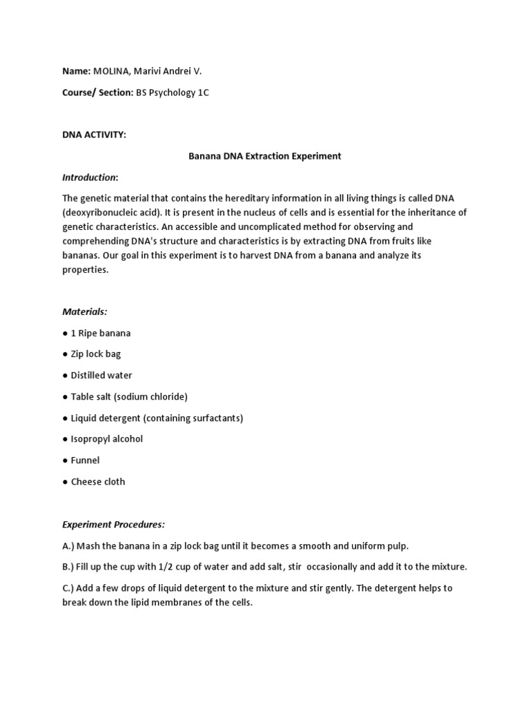 Banana Dna Extraction Experiment | PDF | Filtration | Dna