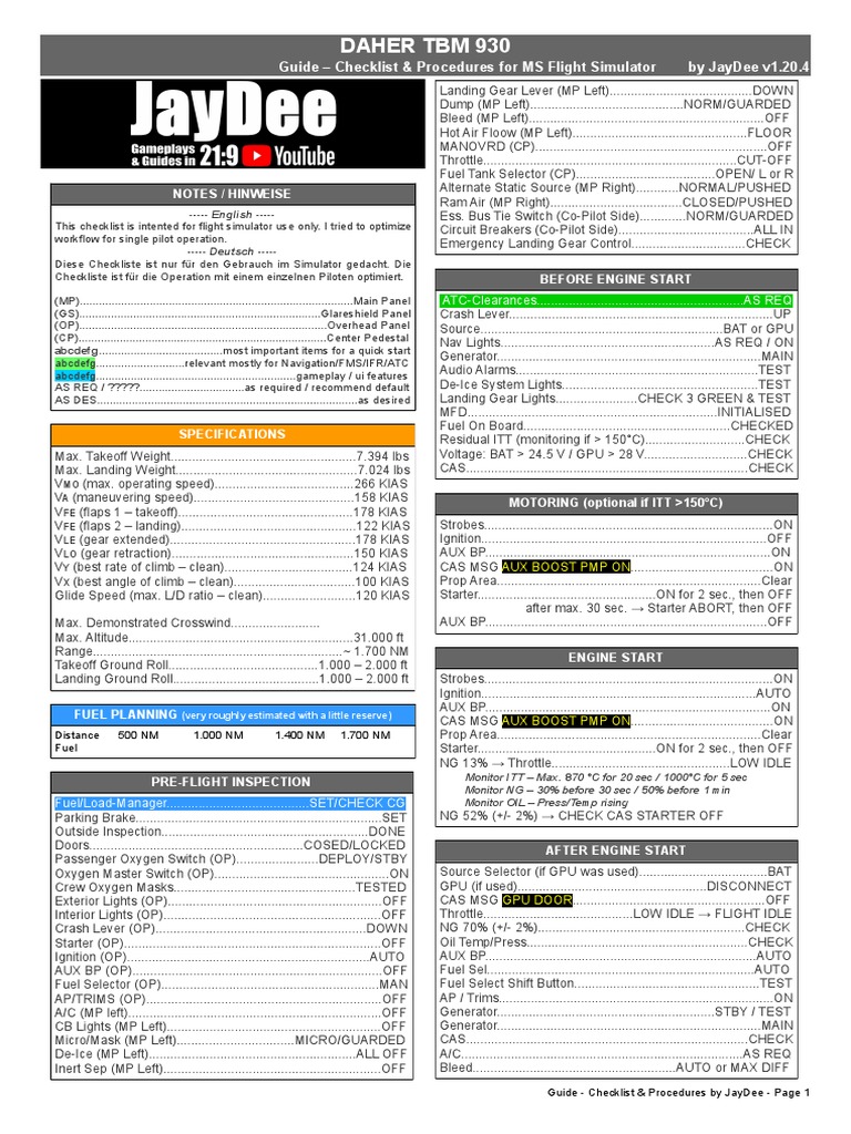 JDs Checklist TBM 930 v1.20.4 | PDF