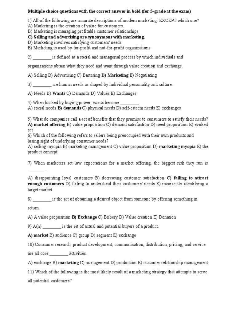 MK Multiple Choice Questions | PDF | Marketing | Customer