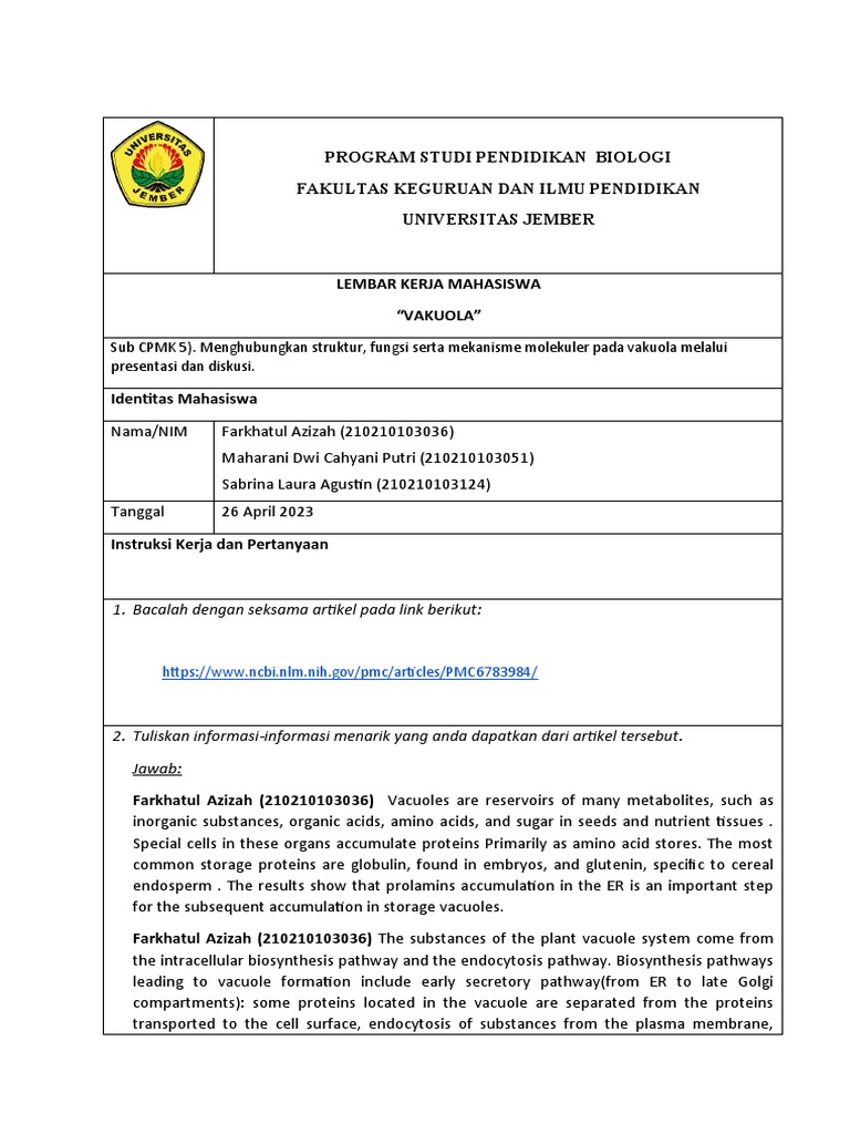 LKM 5 - VAKUOLA - Kel 9 | PDF | Vacuole | Endoplasmic Reticulum