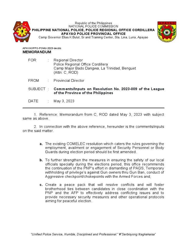 Comments Inputs On Resolution No. 2023-009 of The League of The ...