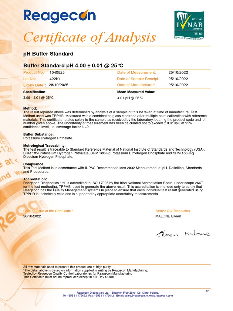 Certificate of Analysis: PH Buffer Standard Buffer Standard PH 4.00 0.01 at 25°C | PDF | Ph ...