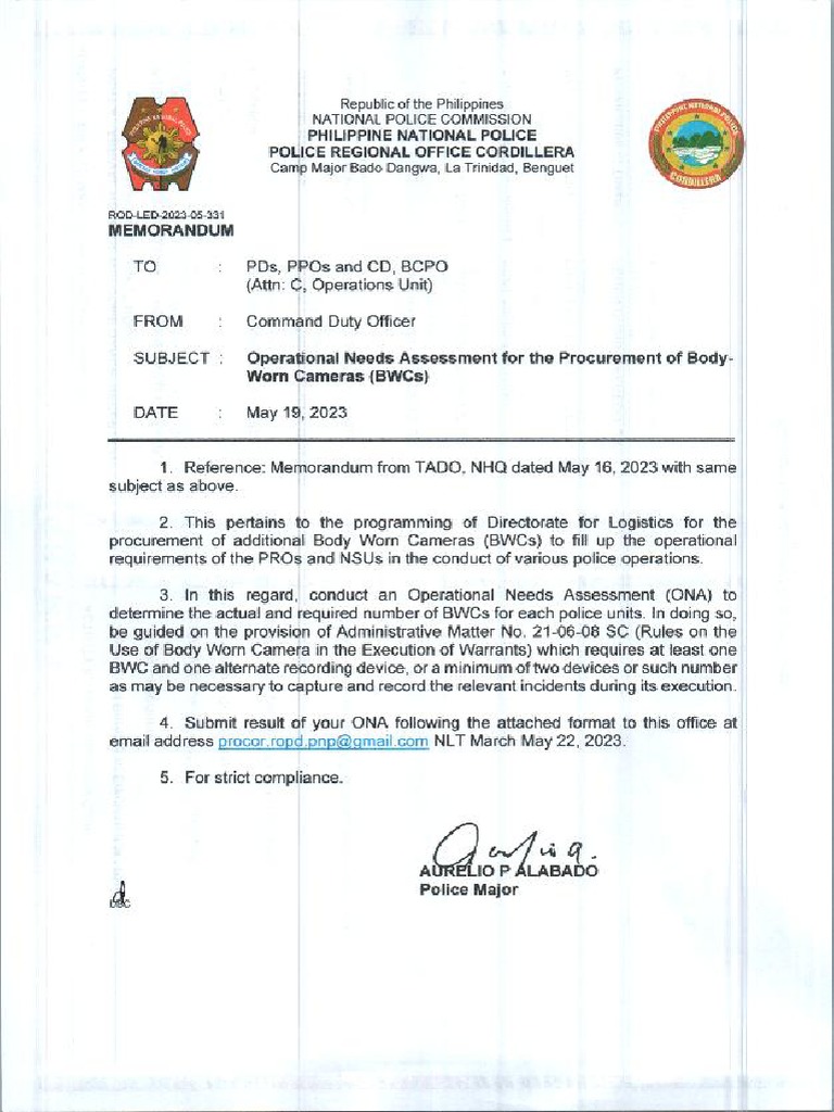 Operational Needs Assessment For The Procurement of Body Worn Cameras ...