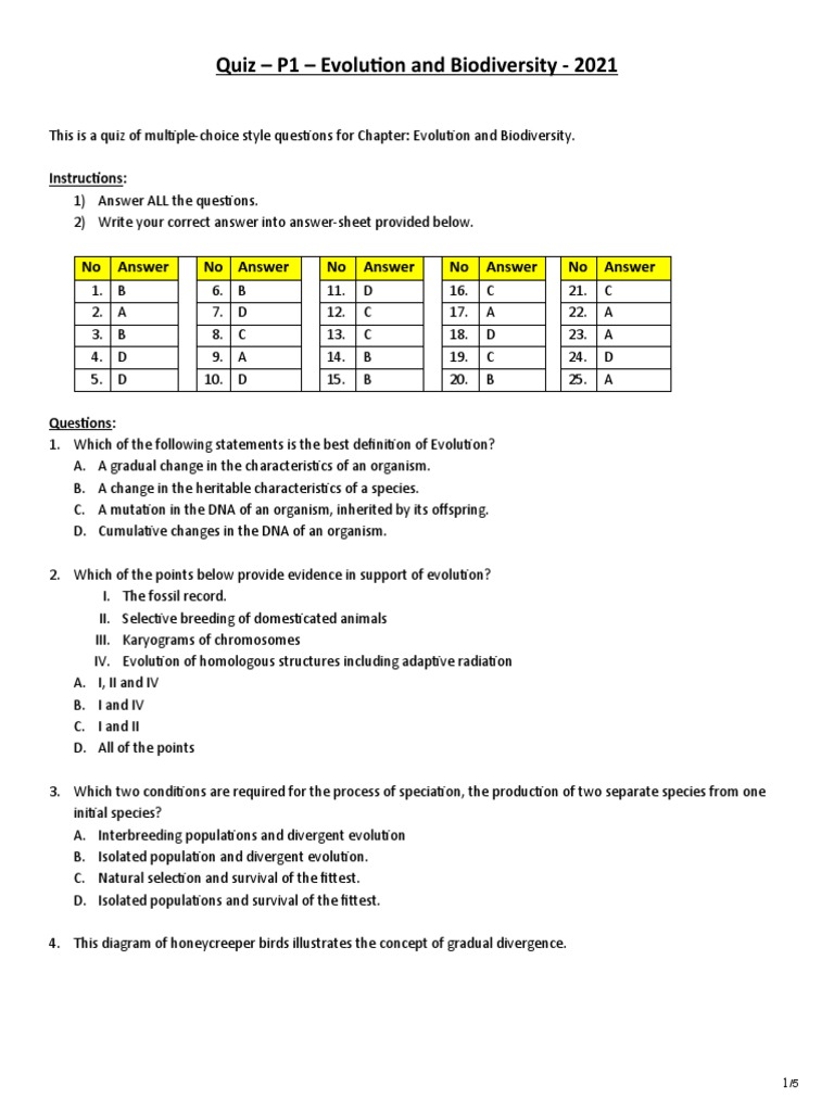 Quiz - P1 - Evolution and Biodiversity - 2021 | PDF | Evolution ...