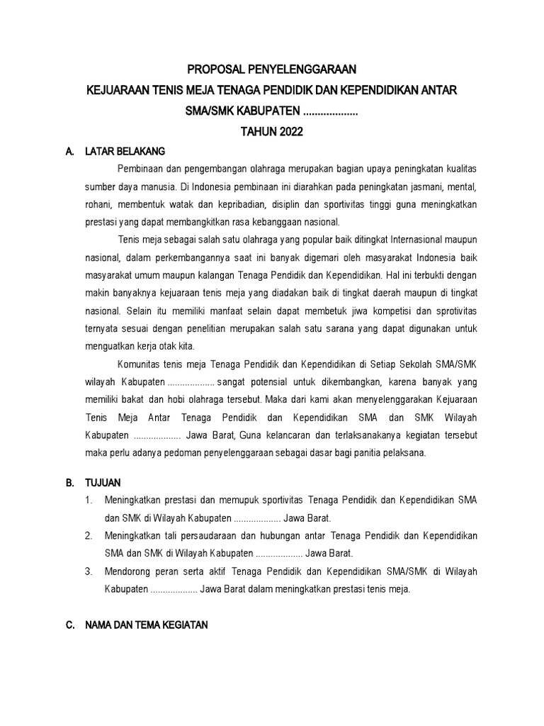 Proposal Turnamen Tenis Meja 2022 | PDF