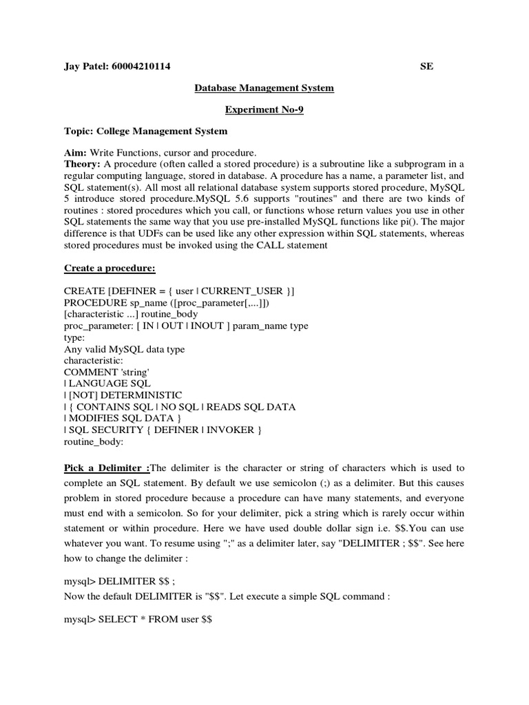 DBMS Exp9 | PDF | Parameter (Computer Programming) | Databases DBMS Exp9 | PDF | Parameter (Computer Programming) | Databases