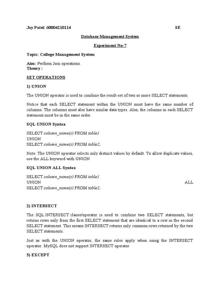 Dbms Exp7 Pdf Sql Computer Data 