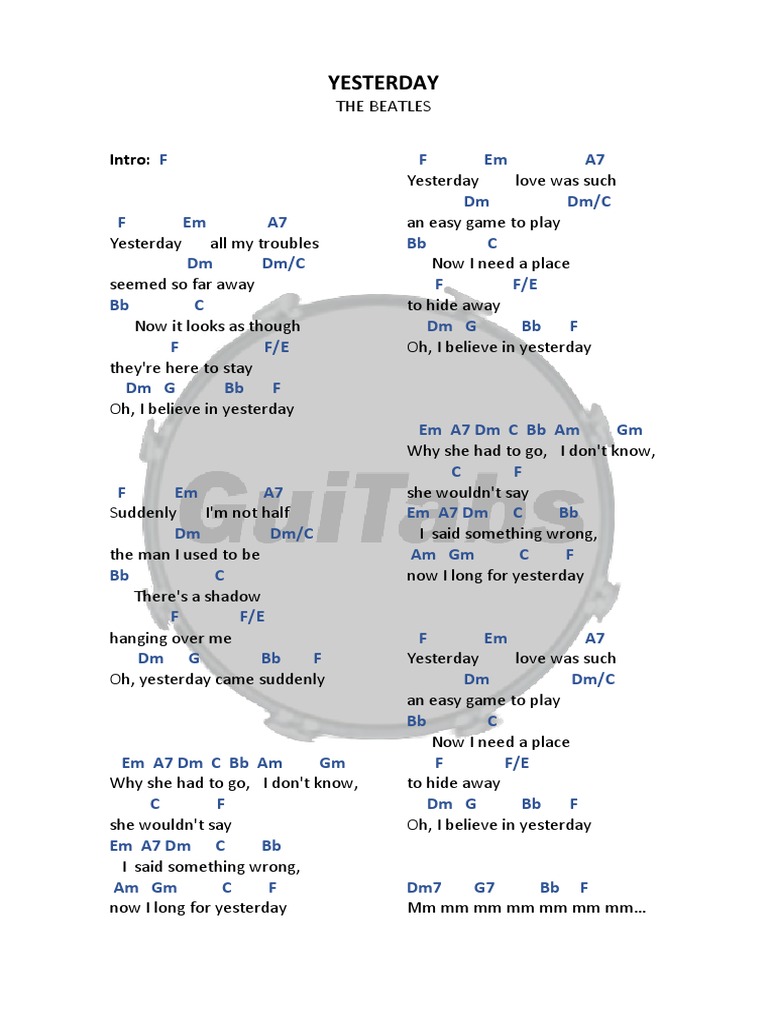 Yesterday (Standard Tuning) - Lyrics & Chords | PDF