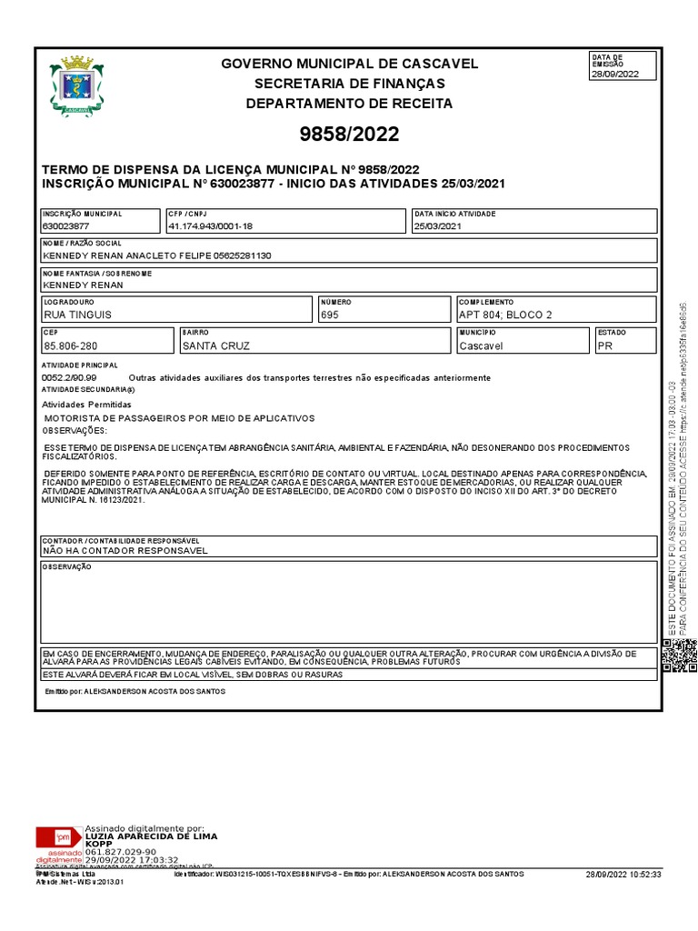 Termo de Dispensa de Alvará - Kennedy | PDF | Contabilidade
