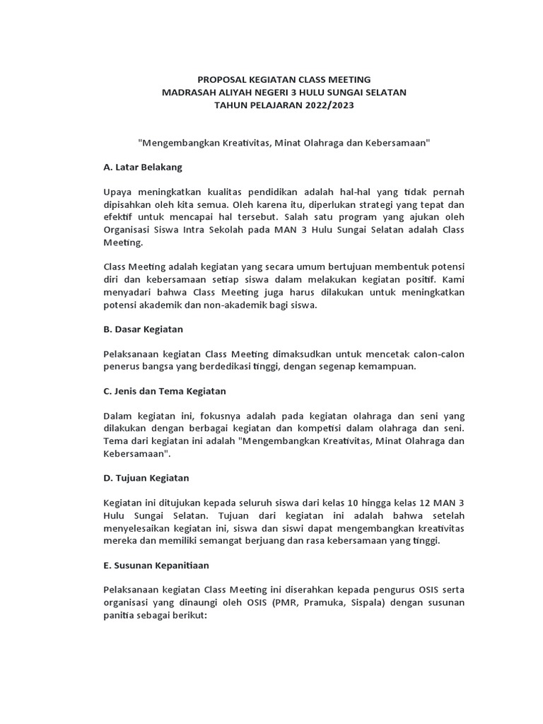 Proposal Kegiatan Class Meeting 2023 | PDF
