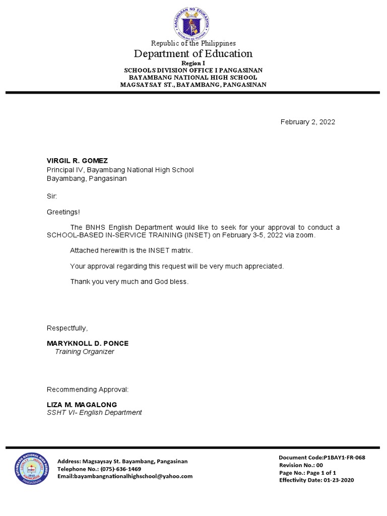 REQUEST LETTER On The Conduct of INSET | PDF