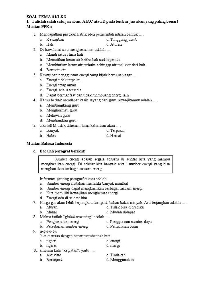 Soal Ujian Tema 6 Kelas 3 SD | PDF