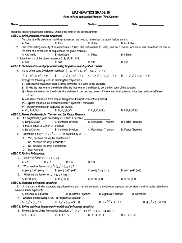 Grade 10 Math: 1st Quarter Exam | PDF | Teaching Methods & Materials | Science & Mathematics