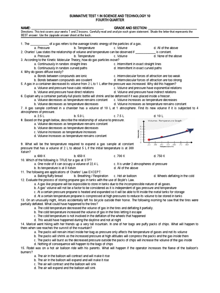 Summative Test 1 2 Q4 Grade 10 Science | PDF | Gases | Biomolecules