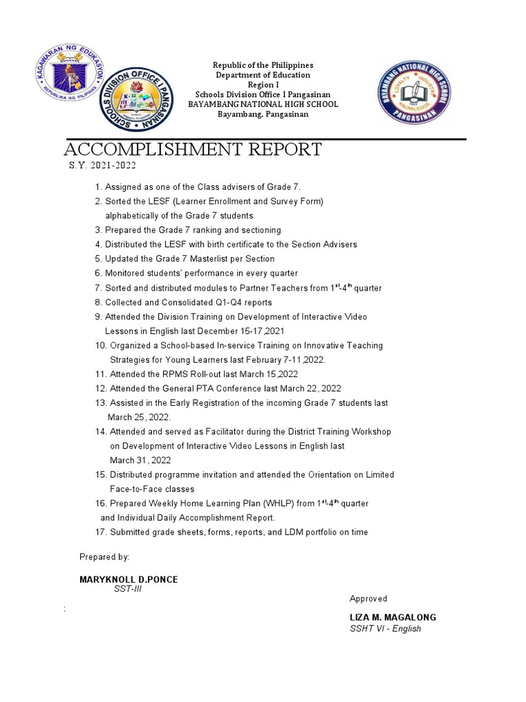 Accomplishment Report 2022 | PDF