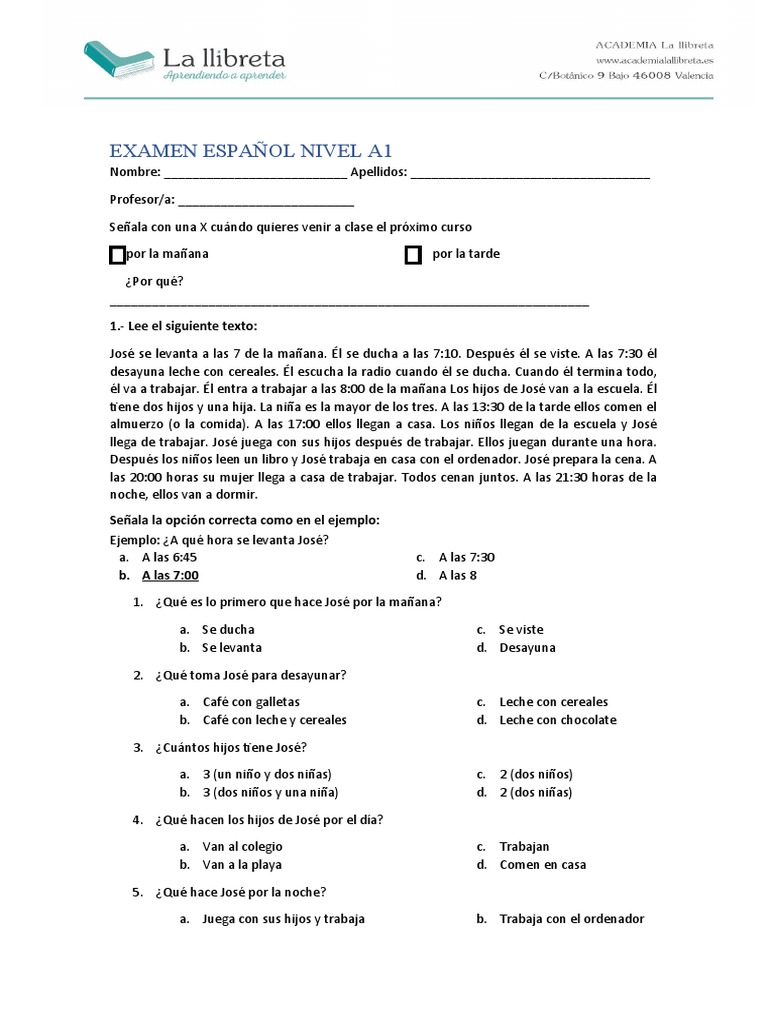 EXAMEN ESPAÑOL NIVEL A1 Laura Marz 20 | PDF