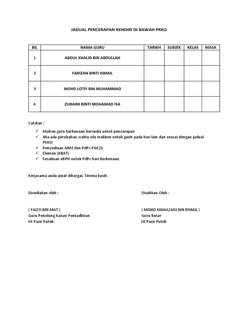 Jadual Pencerapan Kendiri Di Bawah Pkko | PDF
