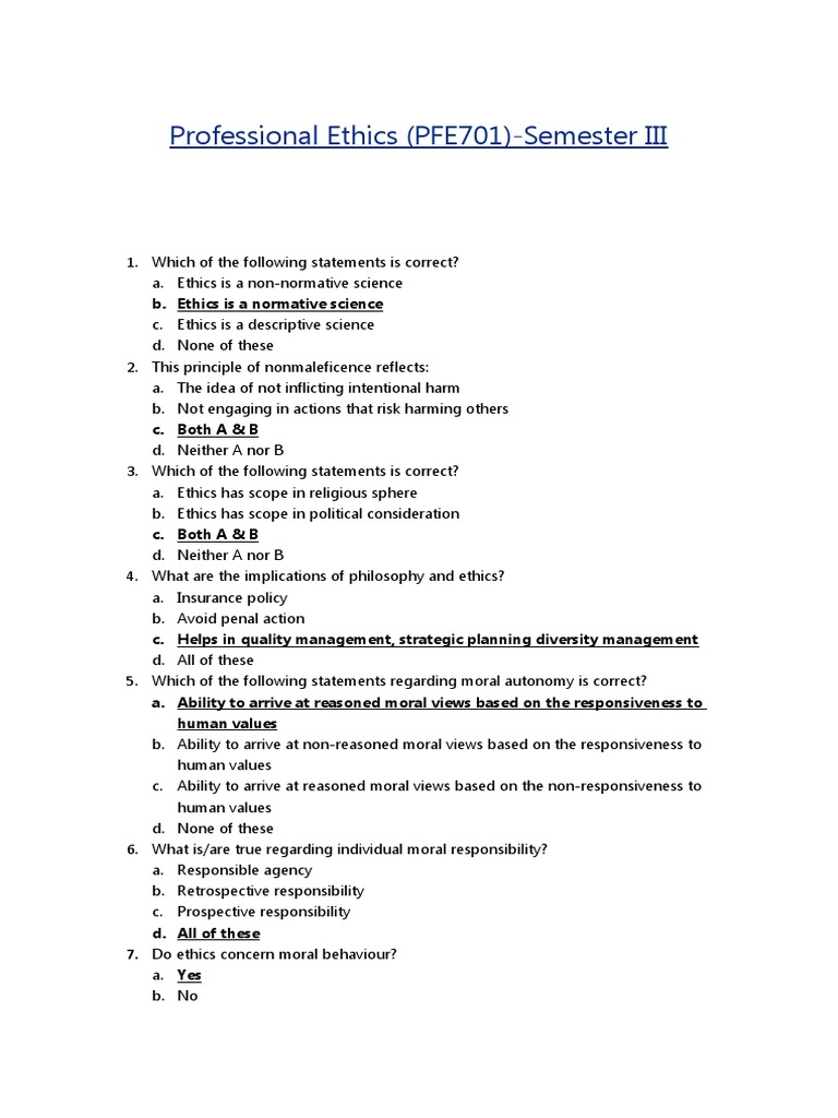 Professional Ethics (PFE701) - Semester III Assessment | PDF ...