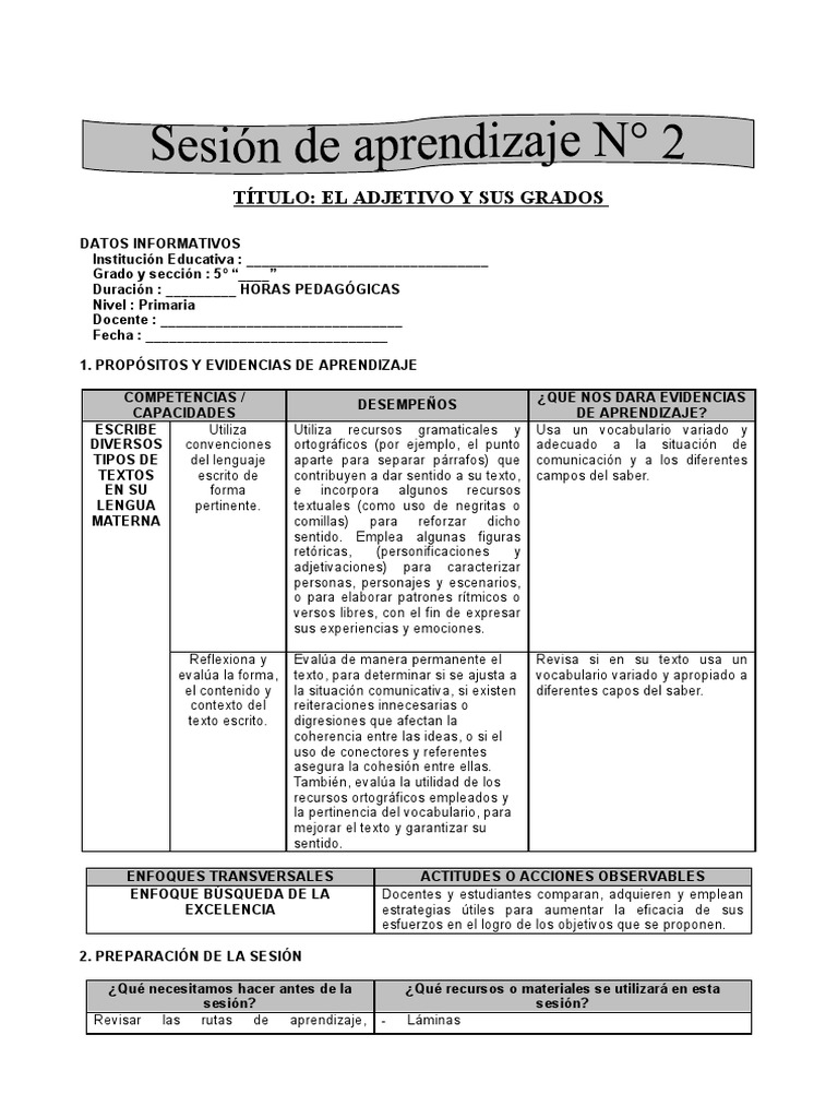 3 Sesion (2) El Adjetivo y Sus Grados | PDF | Aprendizaje | Adjetivo